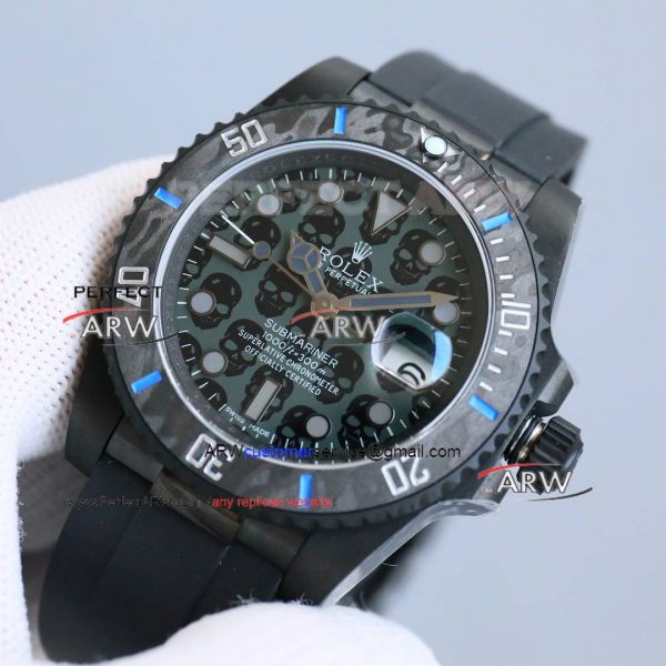 Swiss Replica Rolex Submariner Carbon Fiber Bezel Grey Black Skull Face ...